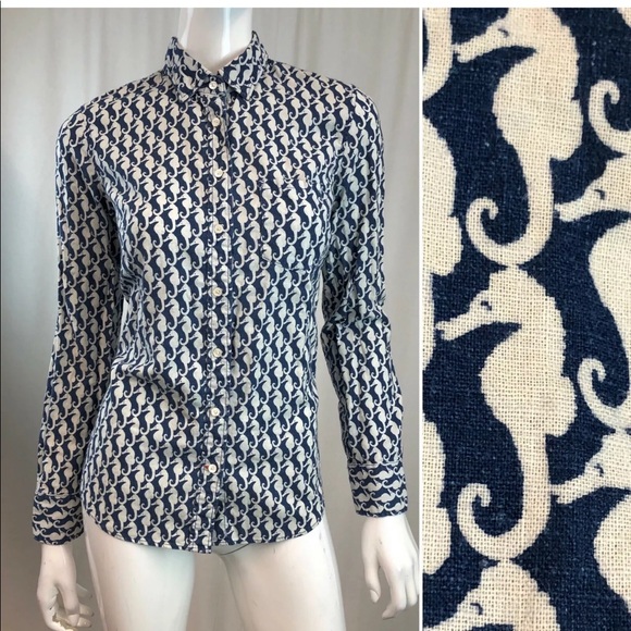 J. Crew | Tops | Jcrew Boy Fit Seahorse Linen Cotton Button Shirt ...